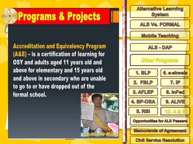 Alternative Learning System Mobile Teacher and ALS- Differently-Abled ...