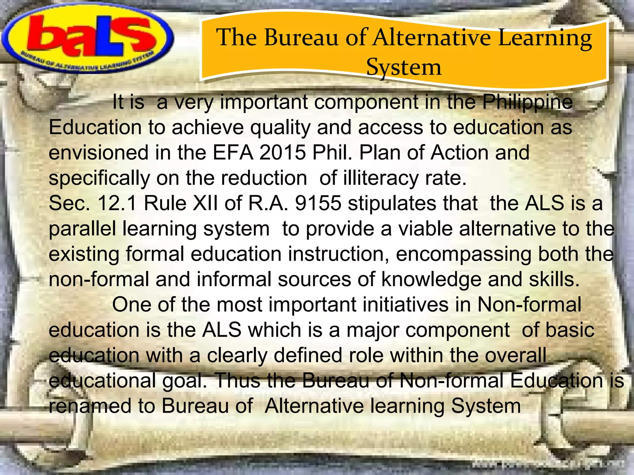 Alternative Learning System by Phoebe W. Taruc, mission, vision, EFA ...