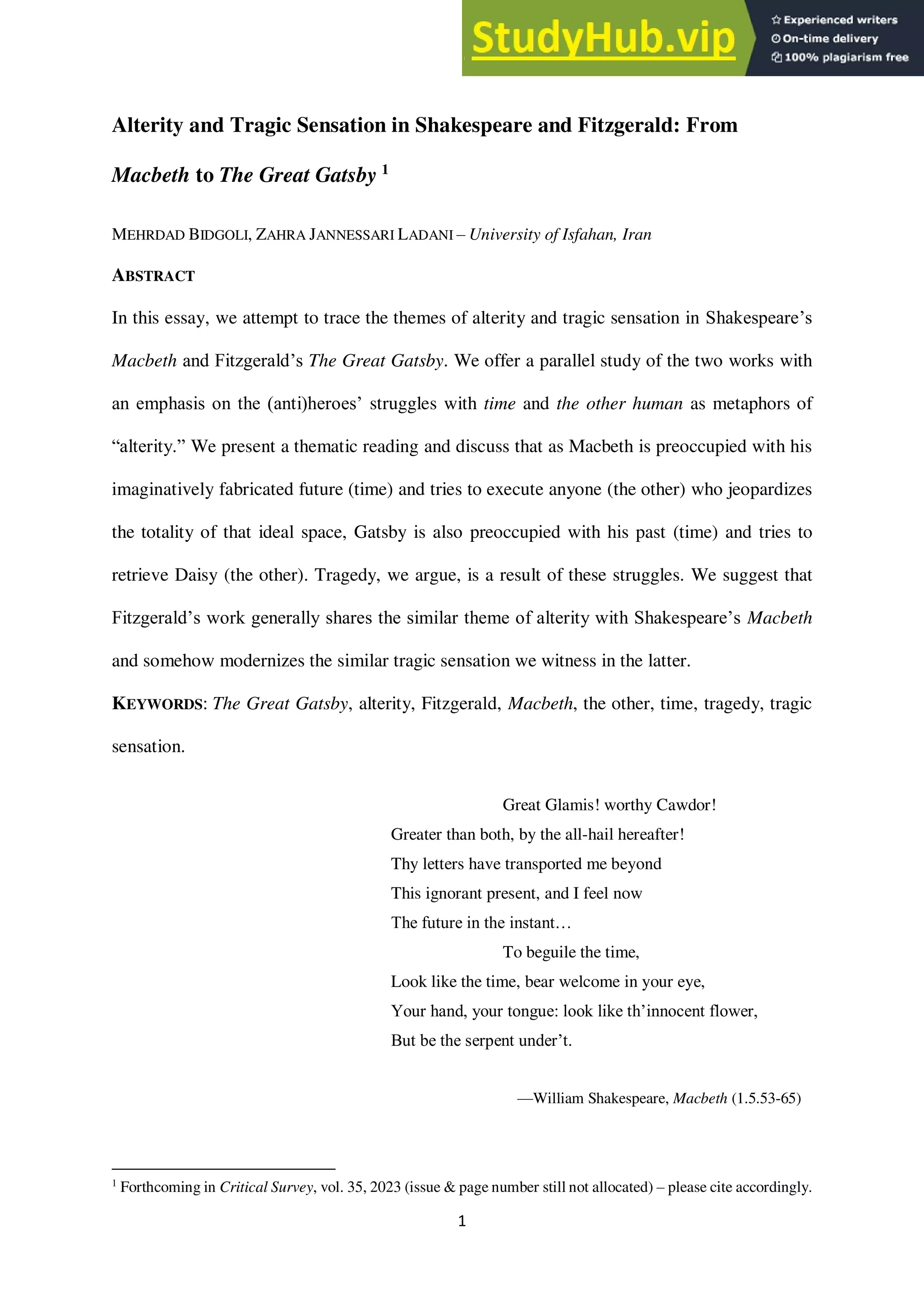 Alterity And Tragic Sensation In Shakespeare And Fitzgerald From ...