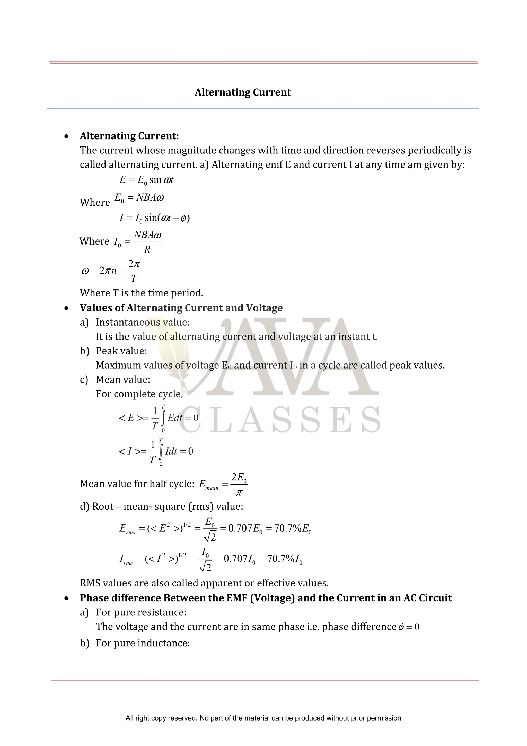 Class 12 Physics Study Material on Alternating Current | PDF