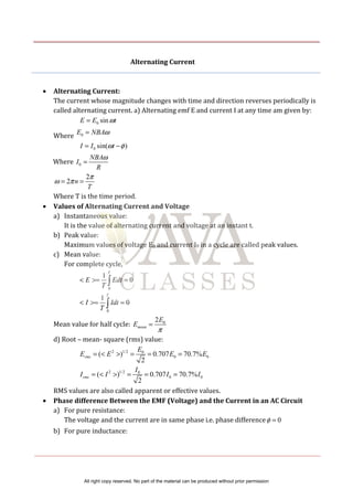 Class 12 Physics Study Material on Alternating Current | PDF