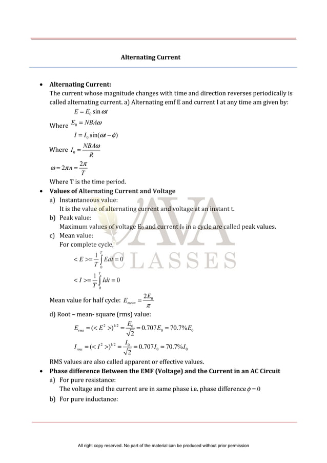 Class 12 Physics Study Material on Alternating Current | PDF
