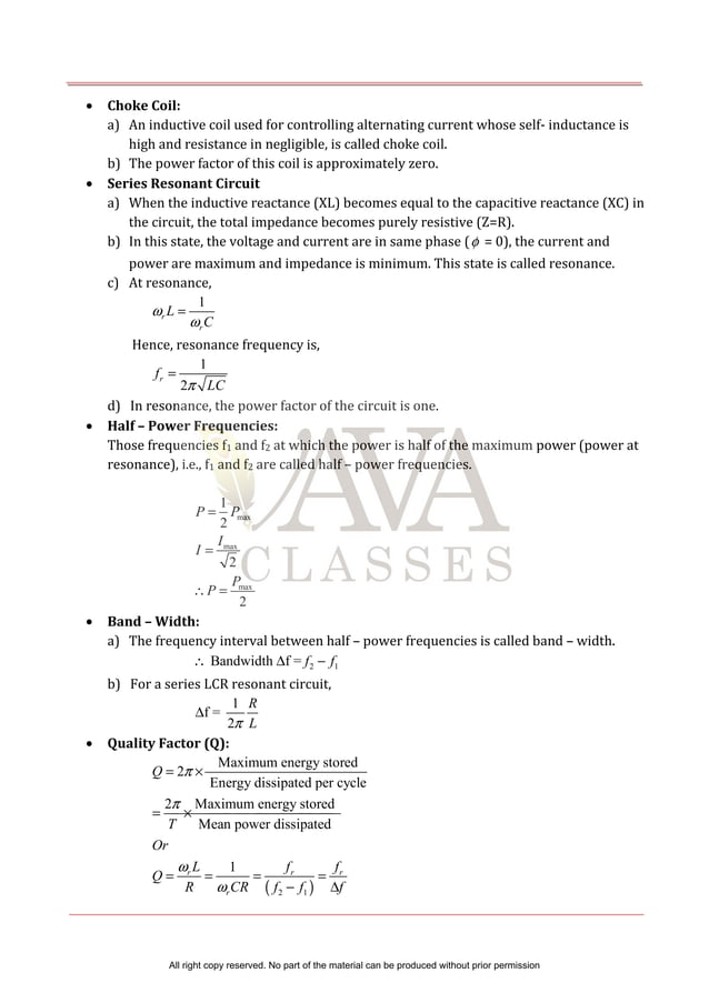 Class 12 Physics Study Material on Alternating Current | PDF