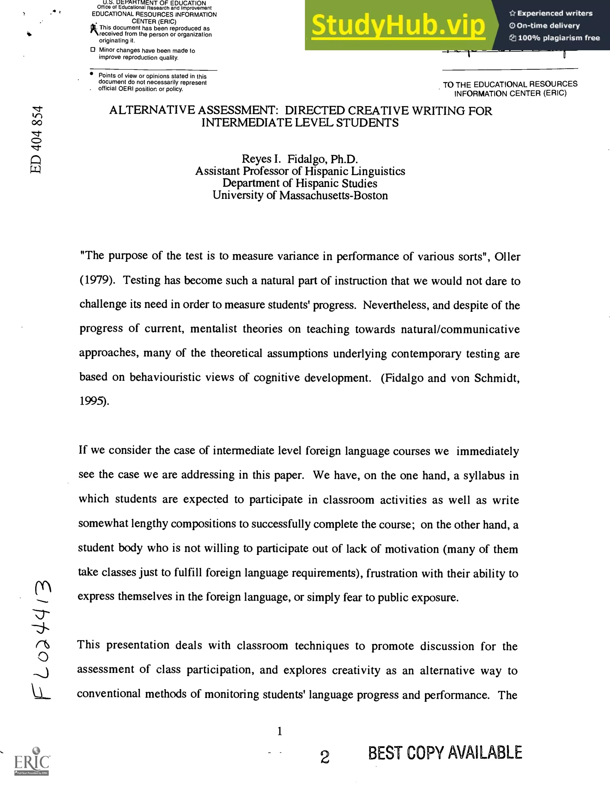 Alternative Assessment Directed Creative Writing For Intermediate Level ...