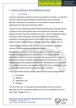 ALTERNATIVE DISPUTE RESOLUTION METHODS BUILT ENVIRONMENT PPRD6802 Assignment 1 | PDF
