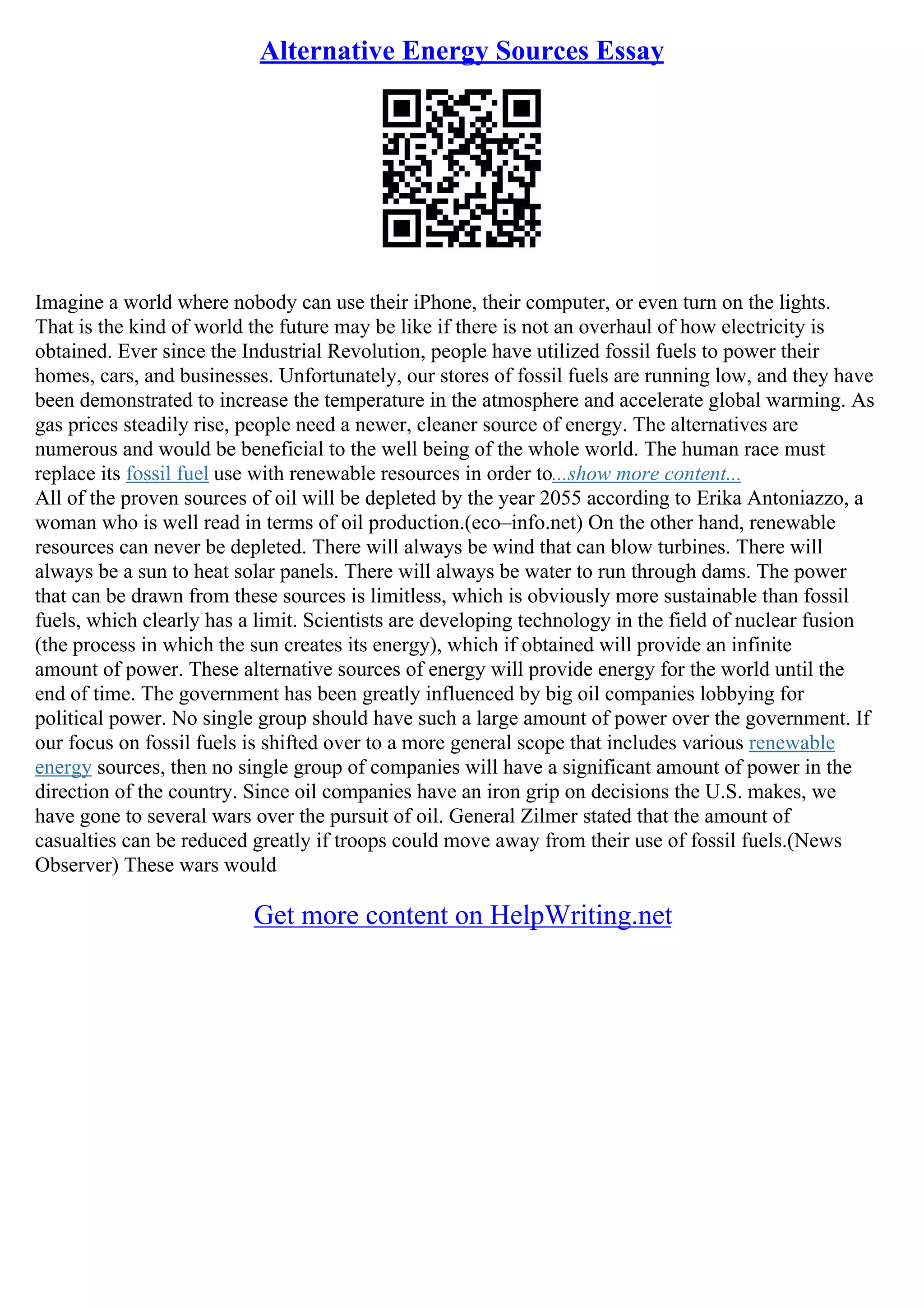 Alternative Energy Sources Essay | PDF