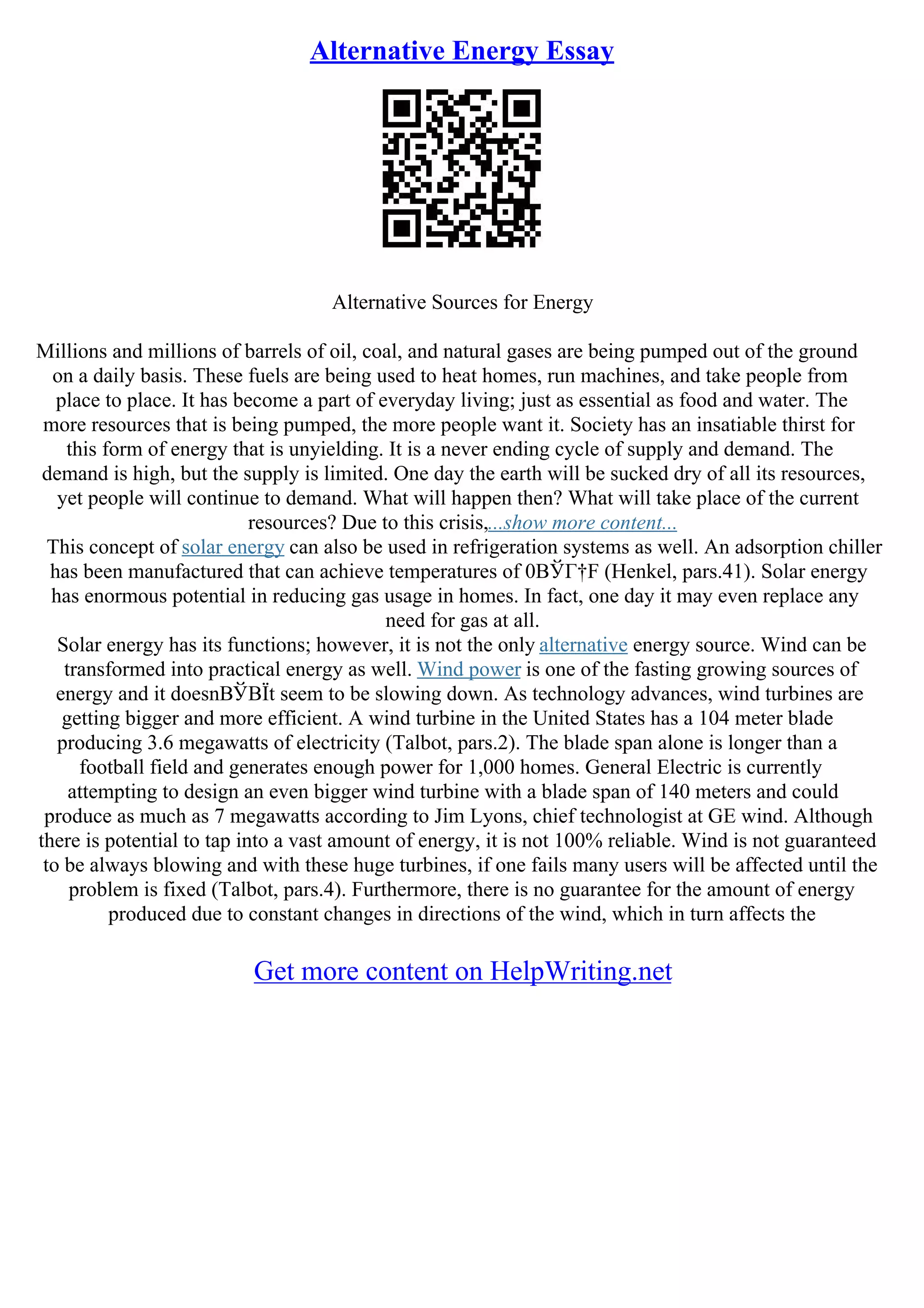 Alternative Energy Sources Essay | PDF