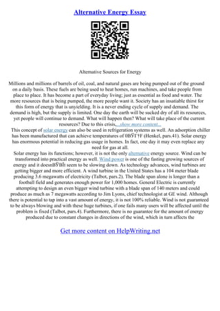 Alternative Energy Sources Essay | PDF