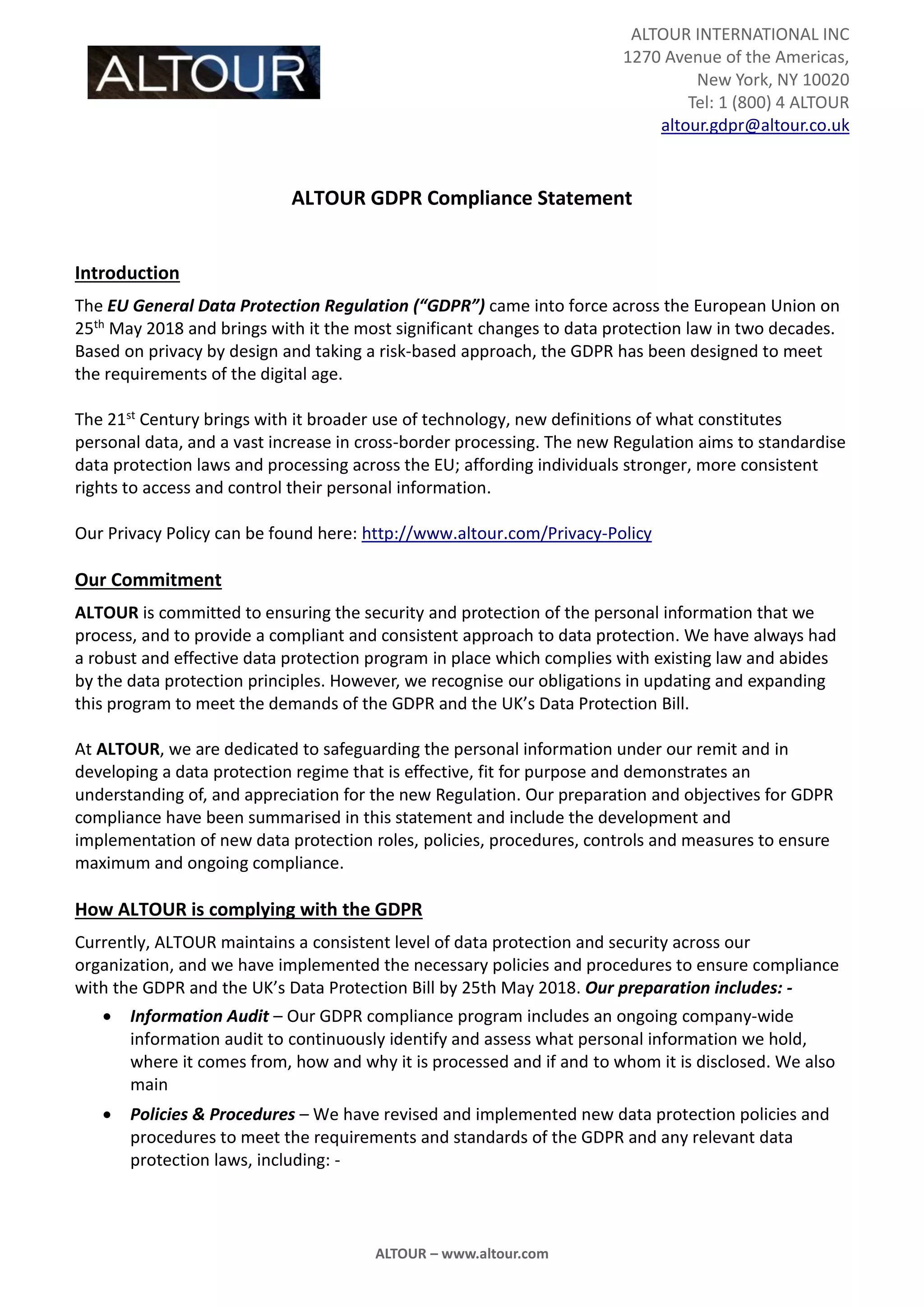 ALTOUR GDPR Compliance Statement v4 | PDF