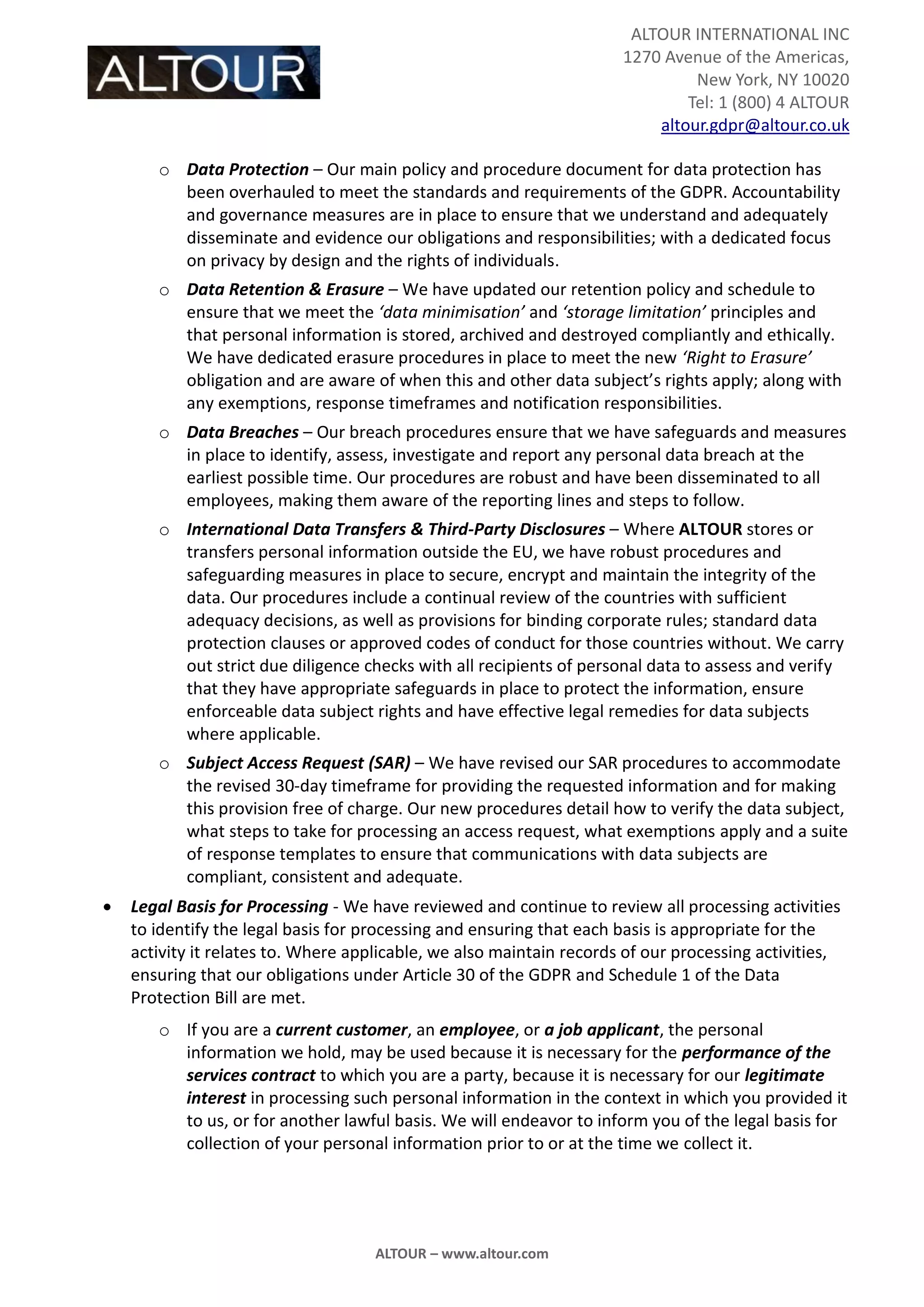 ALTOUR GDPR Compliance Statement v4 | PDF