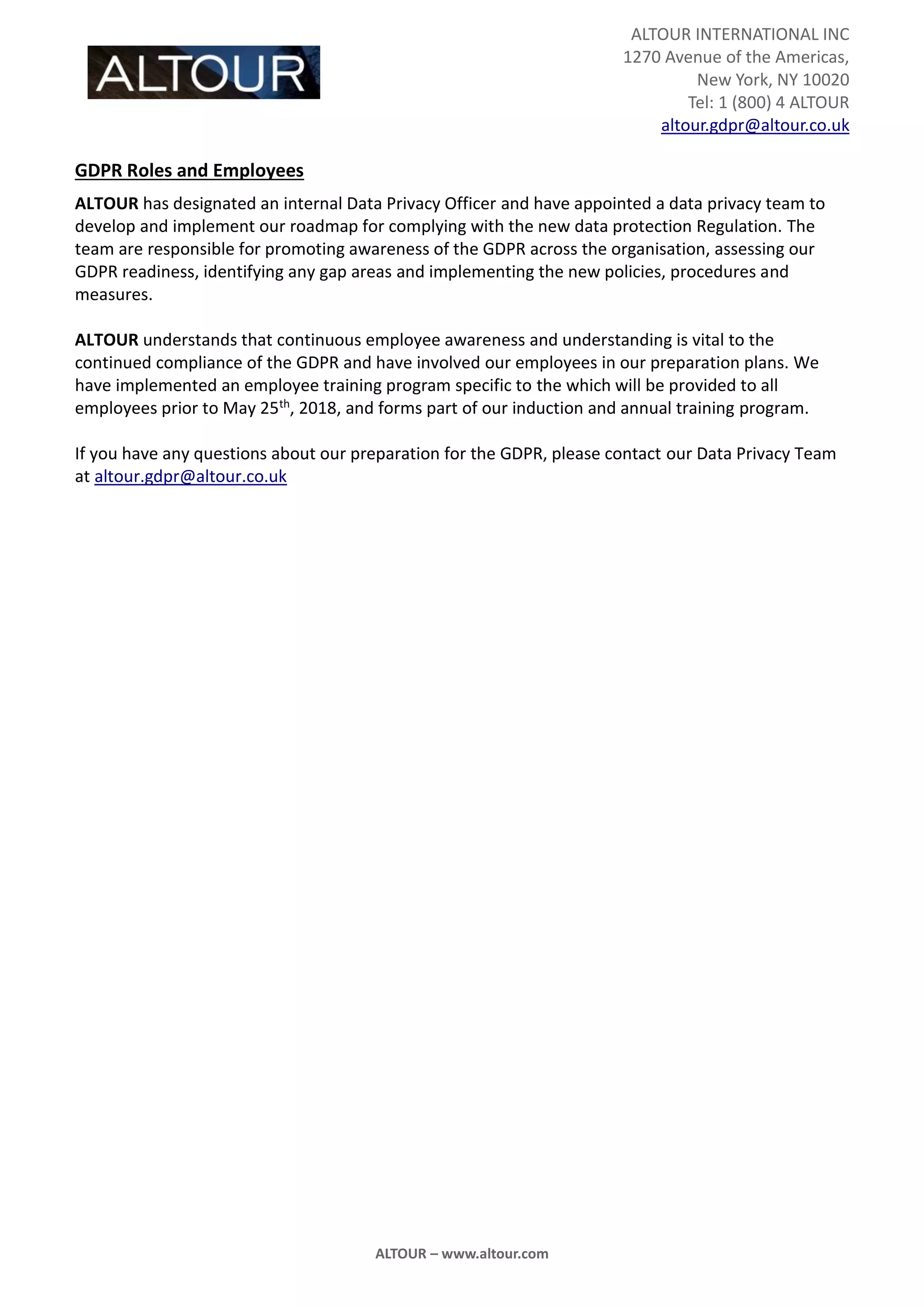 ALTOUR GDPR Compliance Statement v4 | PDF