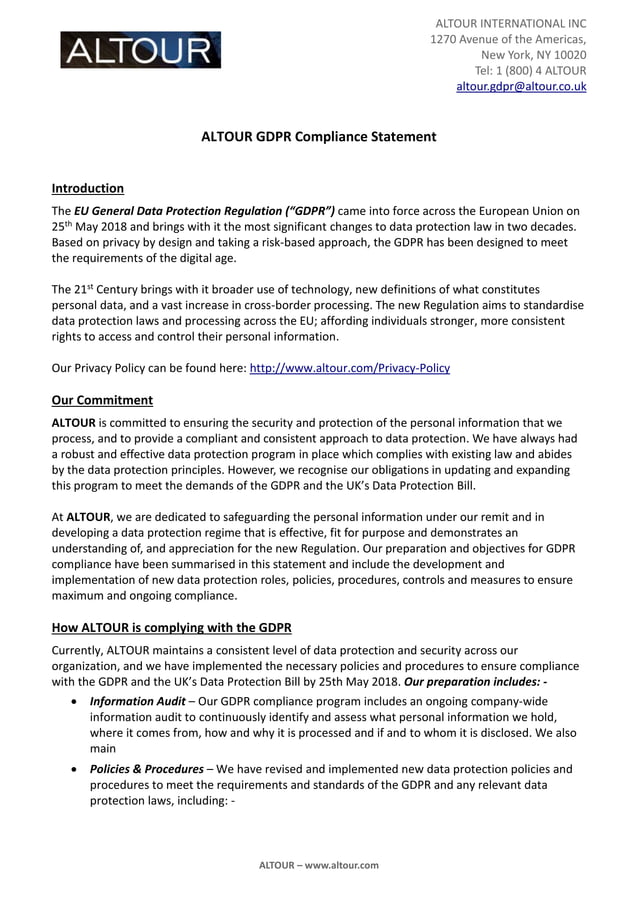ALTOUR GDPR Compliance Statement v4 | PDF