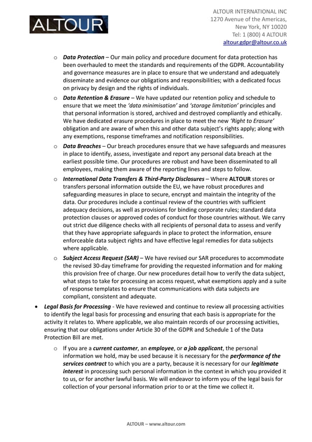 ALTOUR GDPR Compliance Statement v4 | PDF