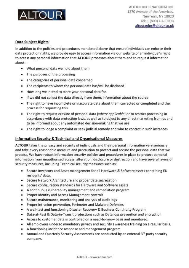 ALTOUR GDPR Compliance Statement v4 | PDF