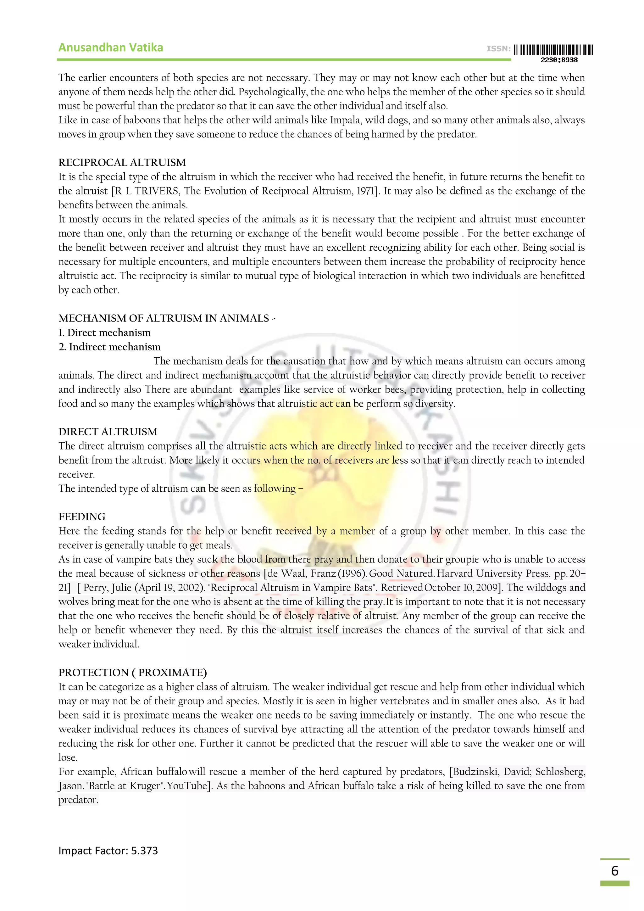 Altruism in animals and classification : A view | PDF