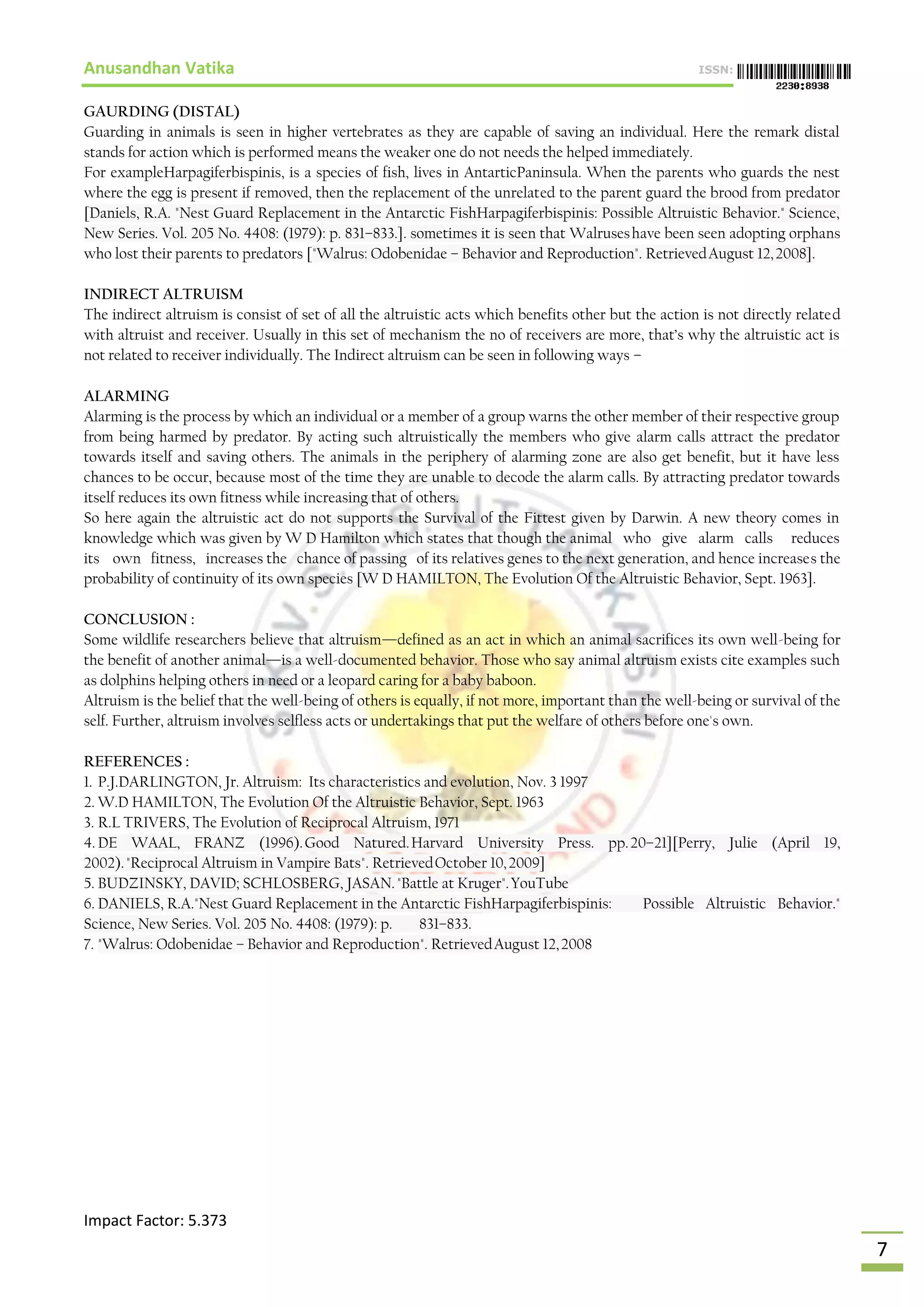 Altruism in animals and classification : A view | PDF