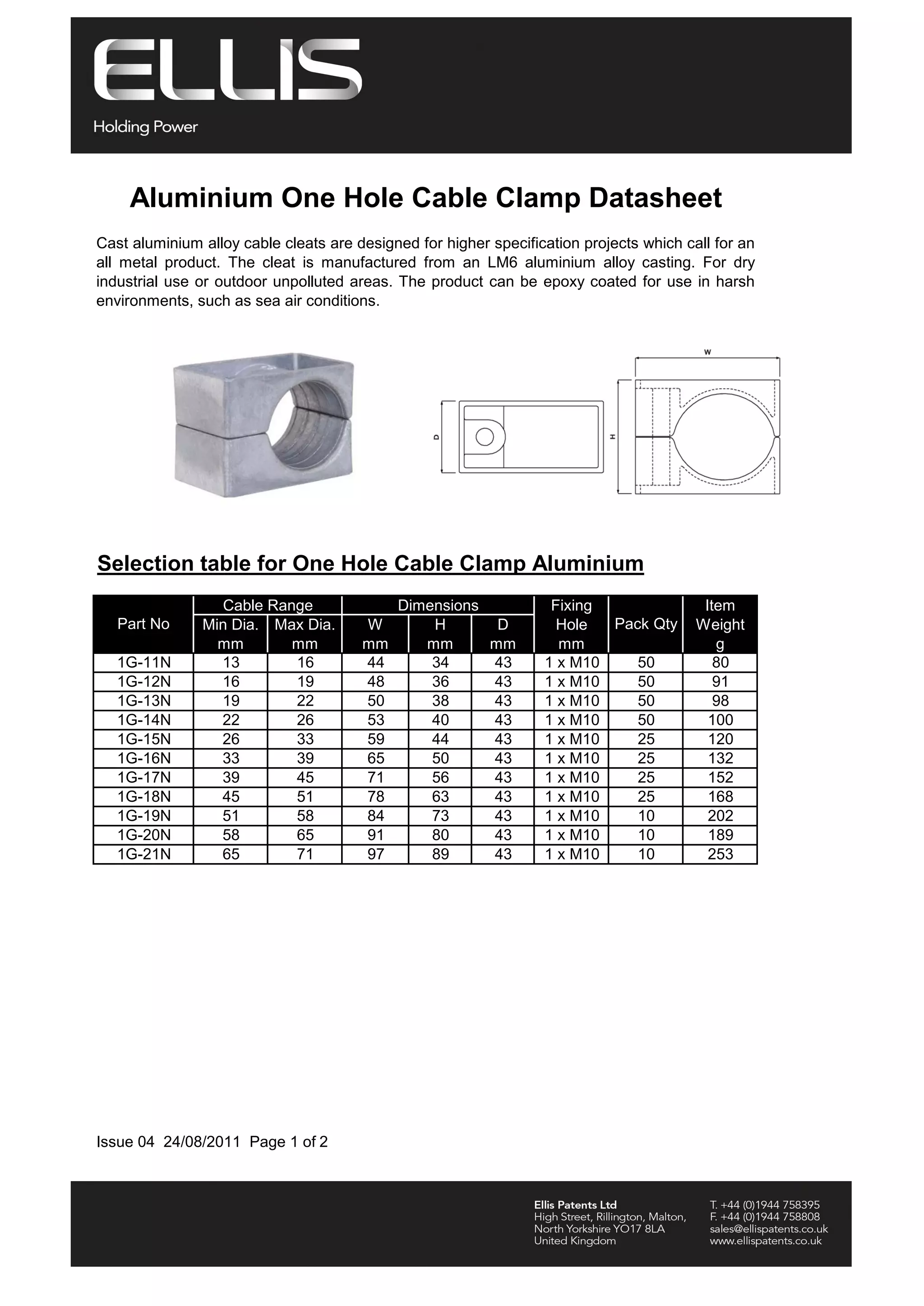 Ellis Patents 1G-21N Single Hole Aluminium Cable Cleats 65-71mm - One ...