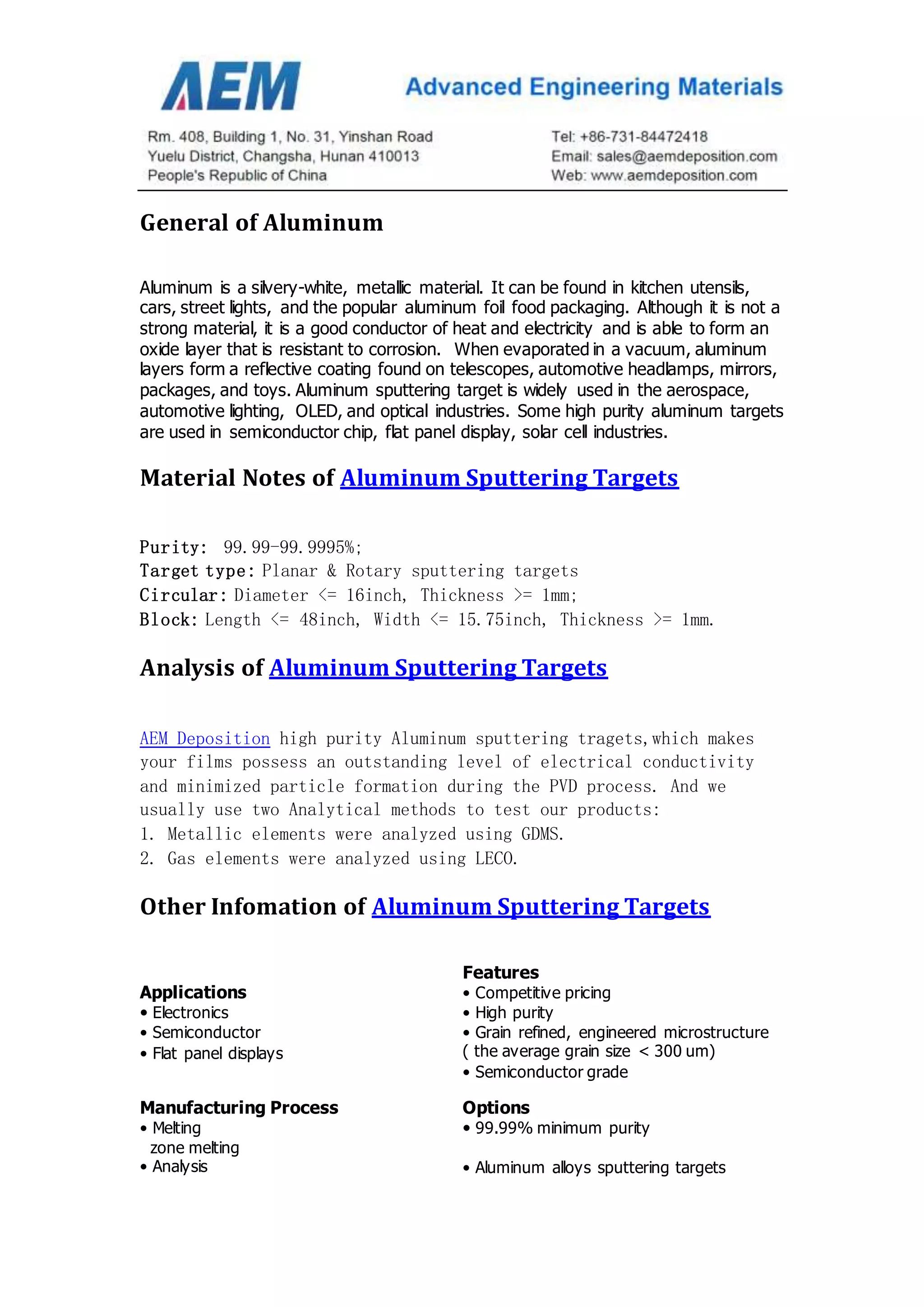 Aluminum sputtering target | DOCX