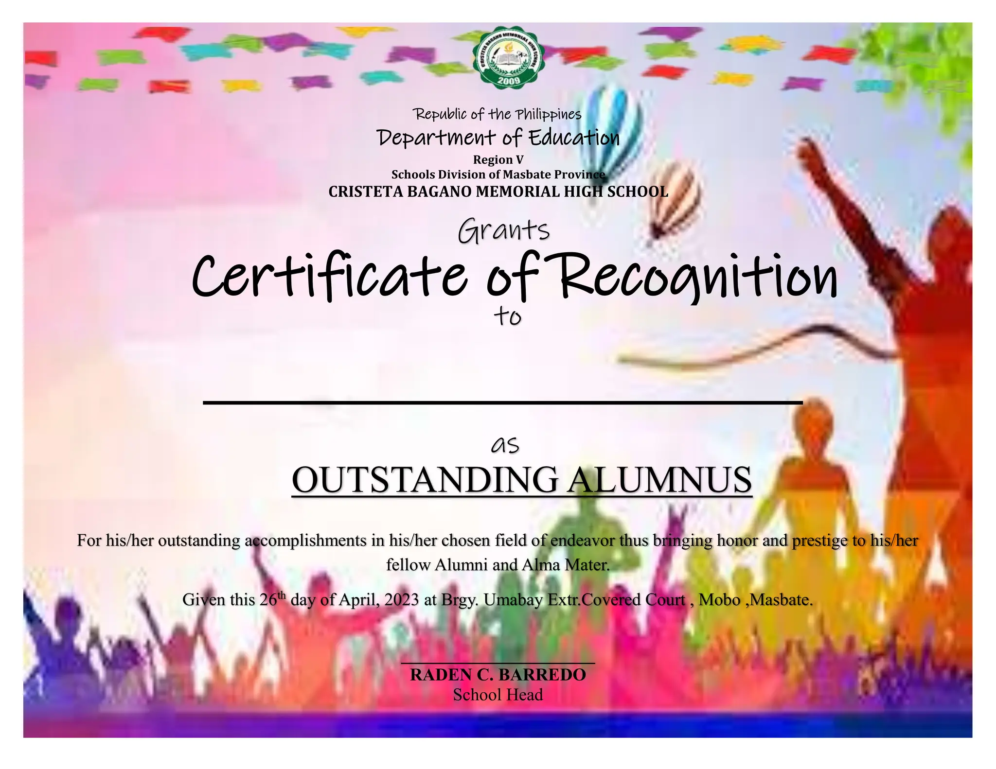 CERTIFICATE OF RECOGNITION OUTSTANDING ALUMNUS | DOCX | Graduation ...
