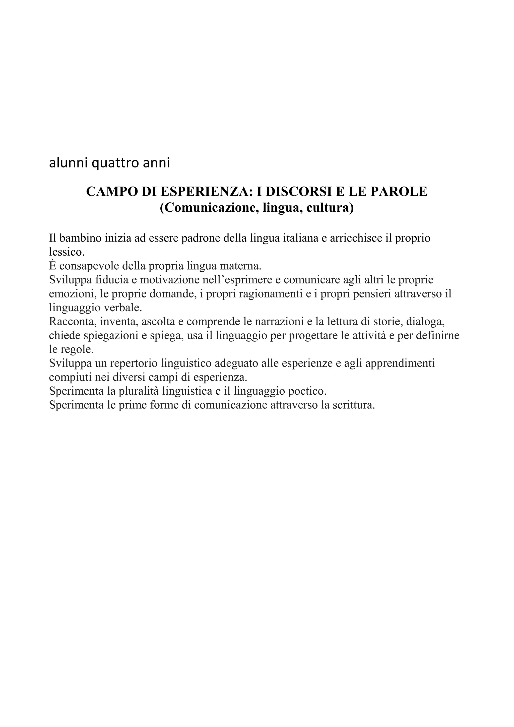 Alunni quattro anni scuola dell'infanzia traguardi di competenza | DOCX