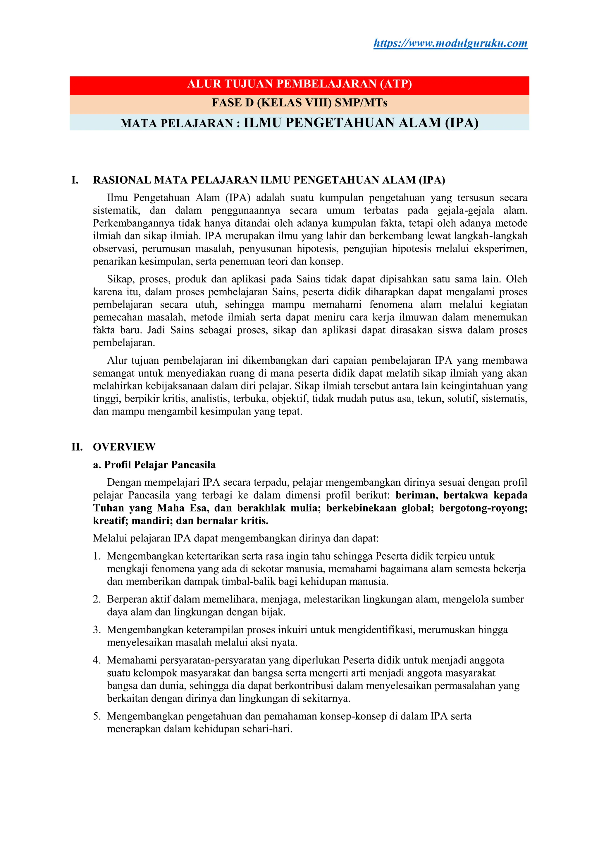 Alur Tujuan Pembelajaran (ATP) IPA Kelas 8 SMP Fase D | DOCX