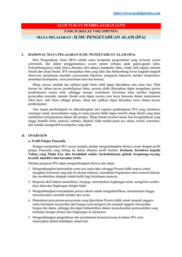 Alur Tujuan Pembelajaran (ATP) IPA Kelas 8 SMP Fase D | DOCX