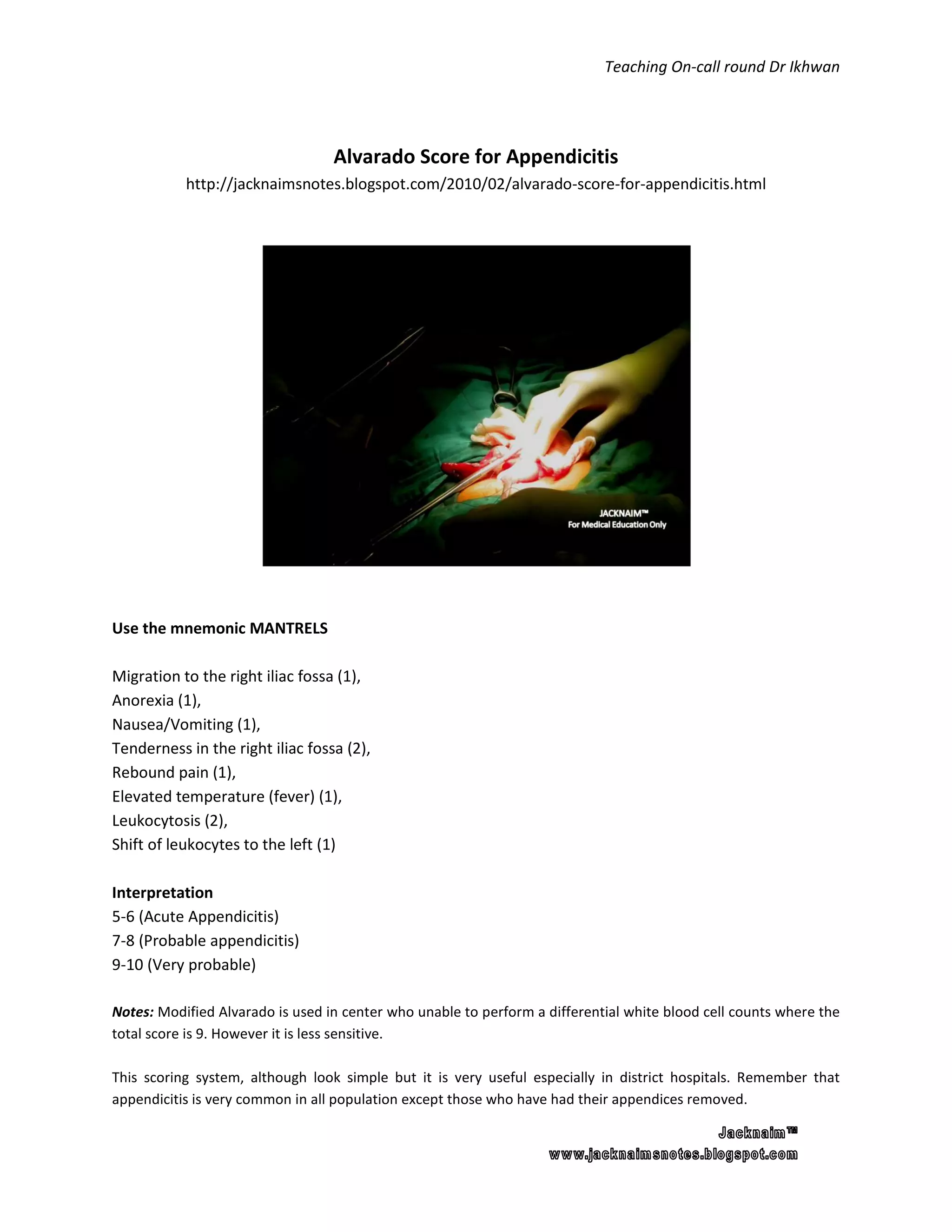 Alvarado Score For Appendicitis | PDF