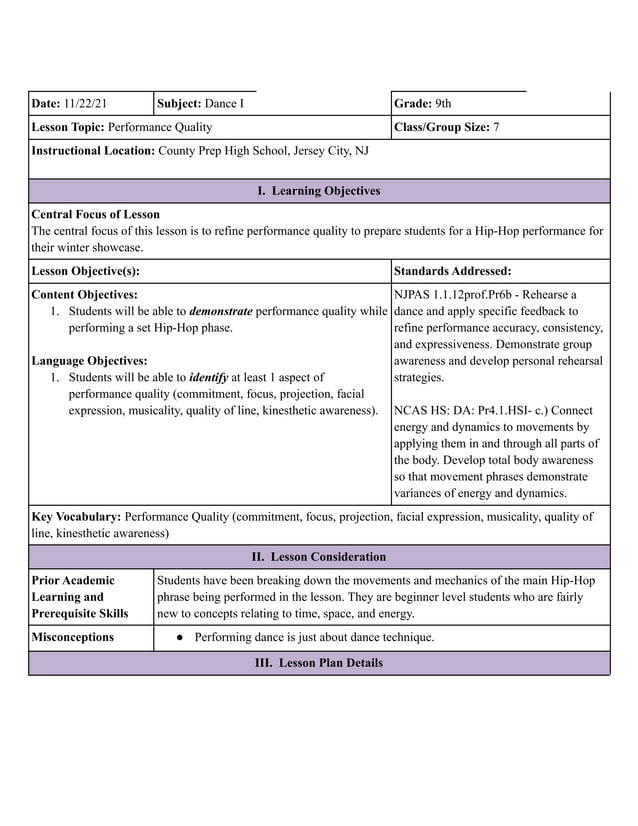 Performance Quality Lesson | PDF