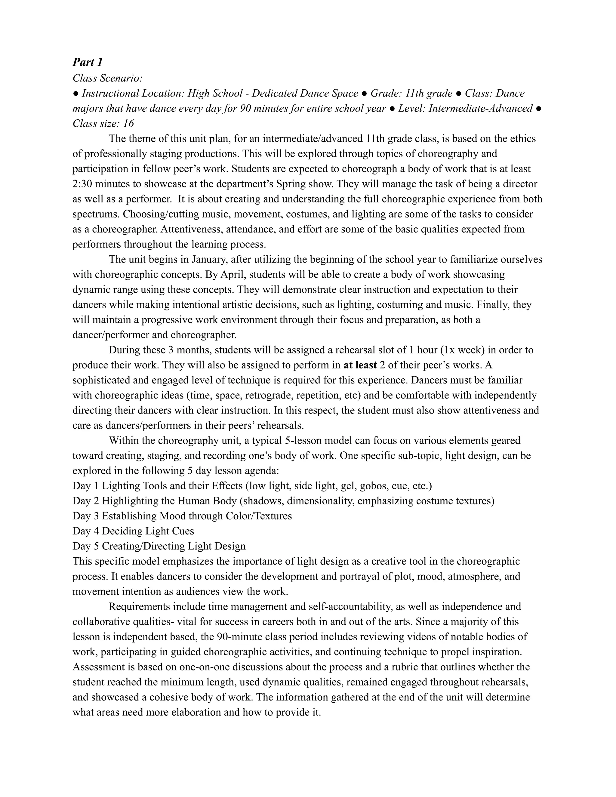 "Producing a Dance Show" Unit Plan | PDF