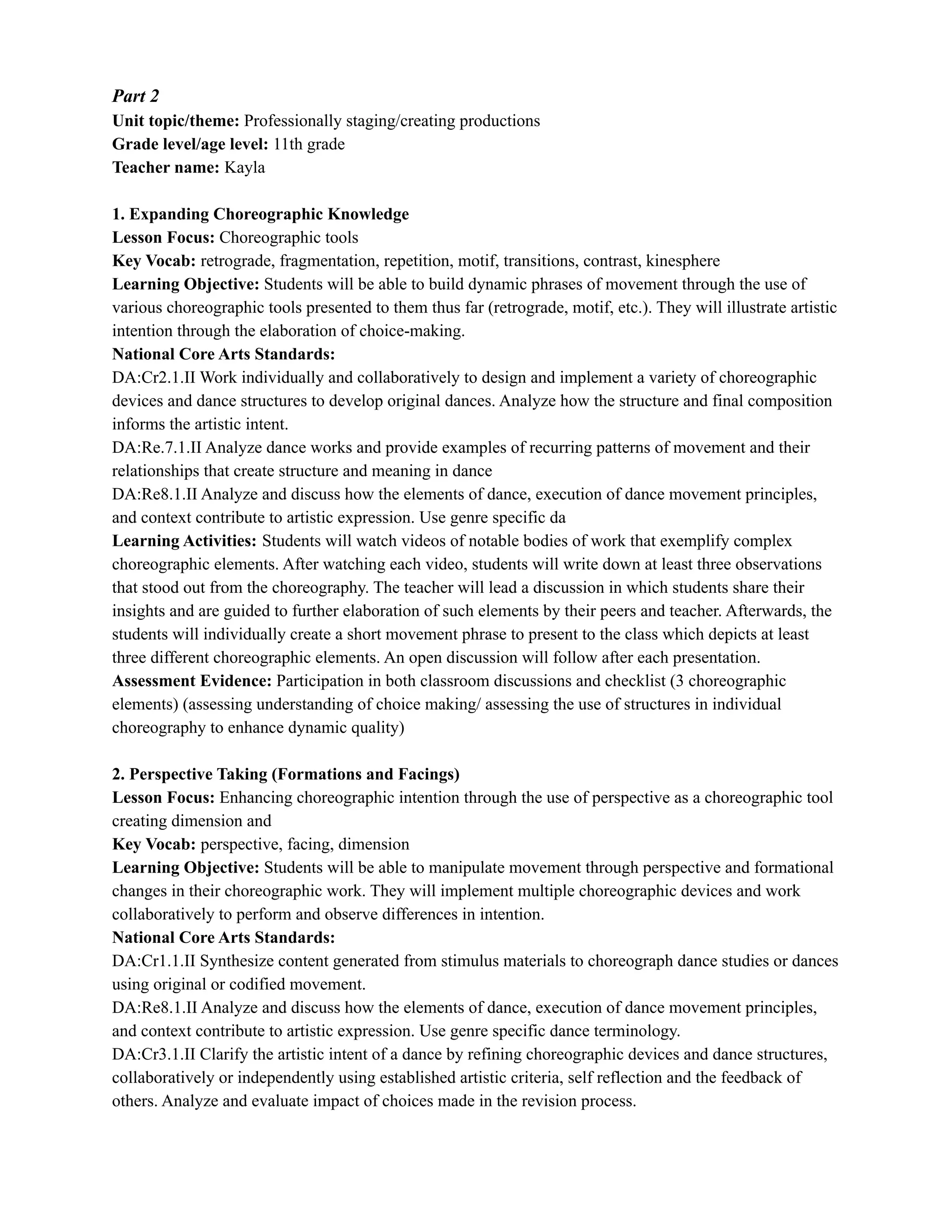 "Producing a Dance Show" Unit Plan | PDF