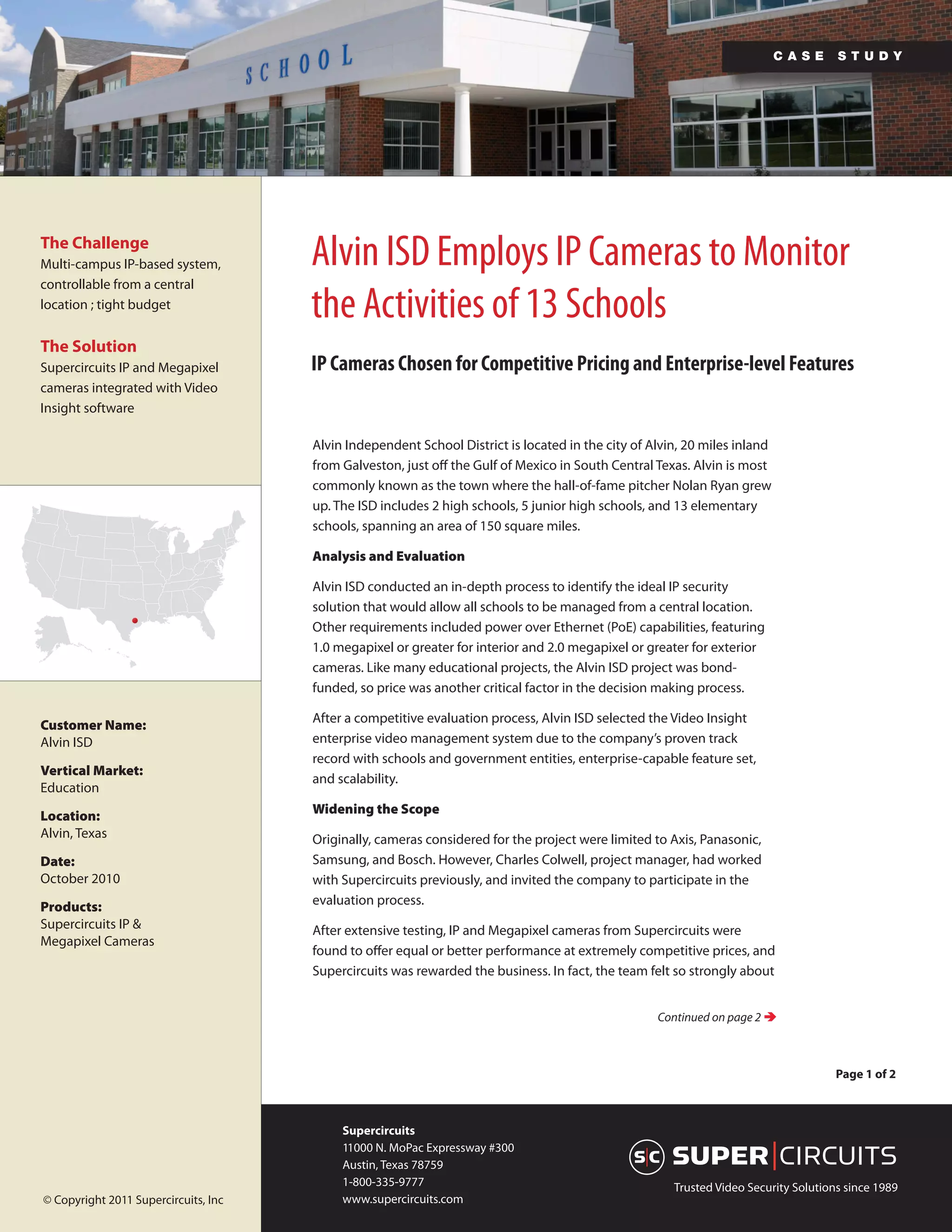Alvin ISD Employs IP Cameras to Monitor Activities at 13 Schools | PDF