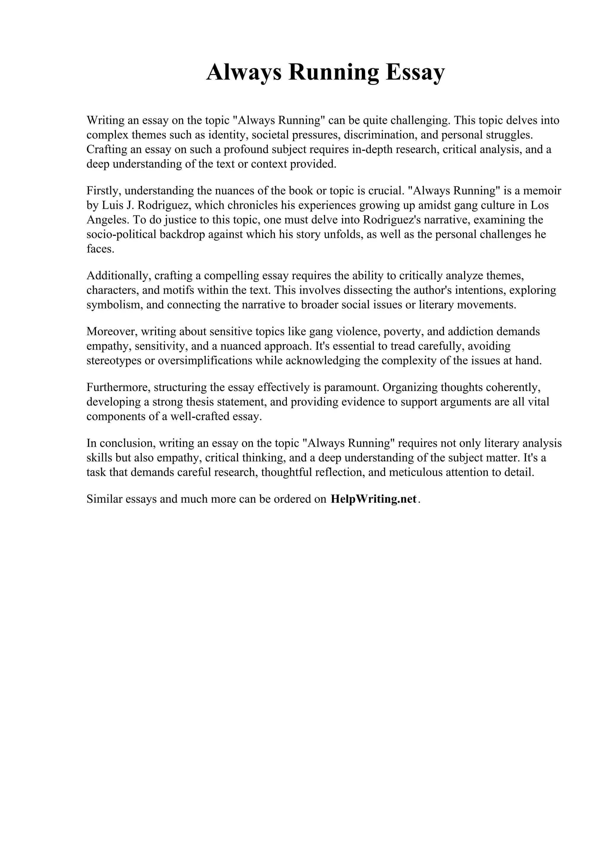 Always Running Essay. Northern Maine Community College | PDF