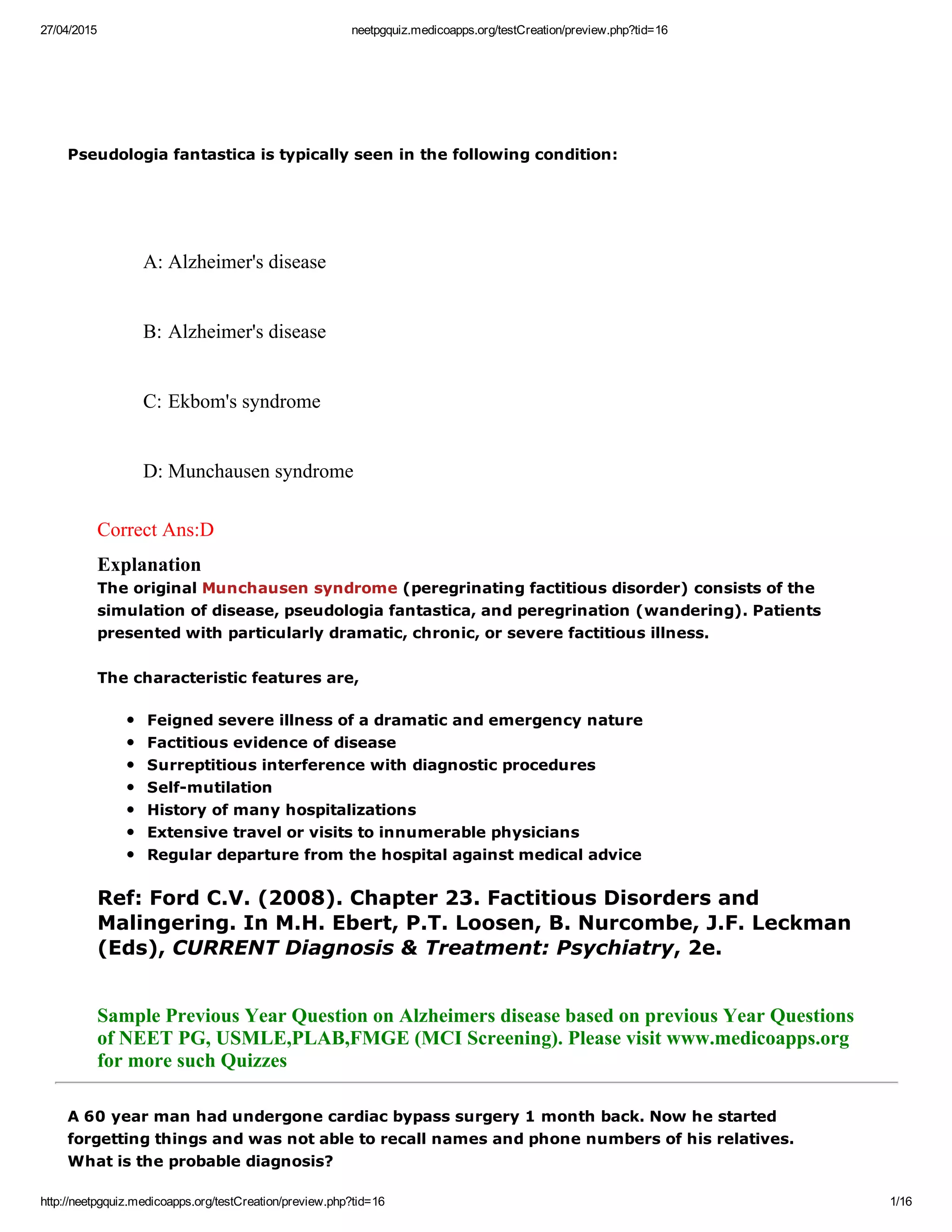 Alzheimers disease sample questions based on neet pg , usmle, plab and ...