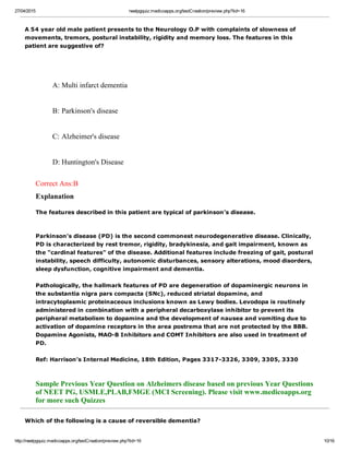 Alzheimers disease sample questions based on neet pg , usmle, plab and ...