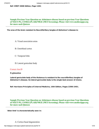 Alzheimers disease sample questions based on neet pg , usmle, plab and ...