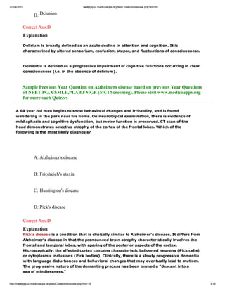 Alzheimers disease sample questions based on neet pg , usmle, plab and ...