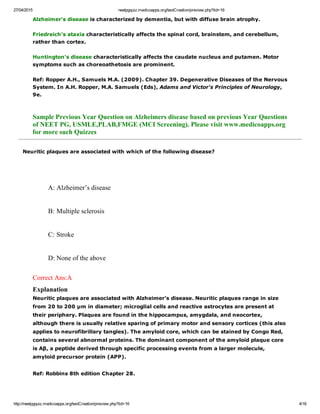 Alzheimers disease sample questions based on neet pg , usmle, plab and ...