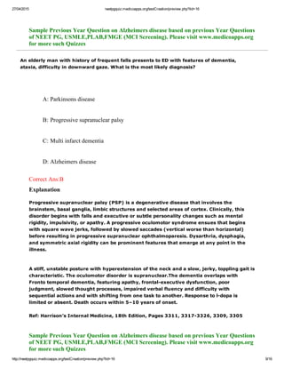 Alzheimers disease sample questions based on neet pg , usmle, plab and ...