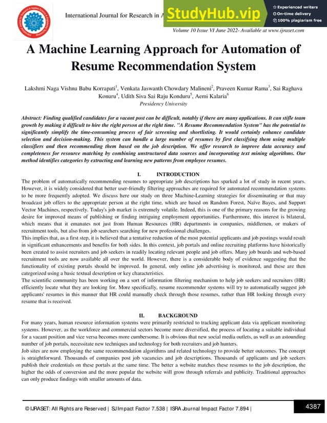 A Machine Learning Approach For Automation Of Resume Recommendation ...