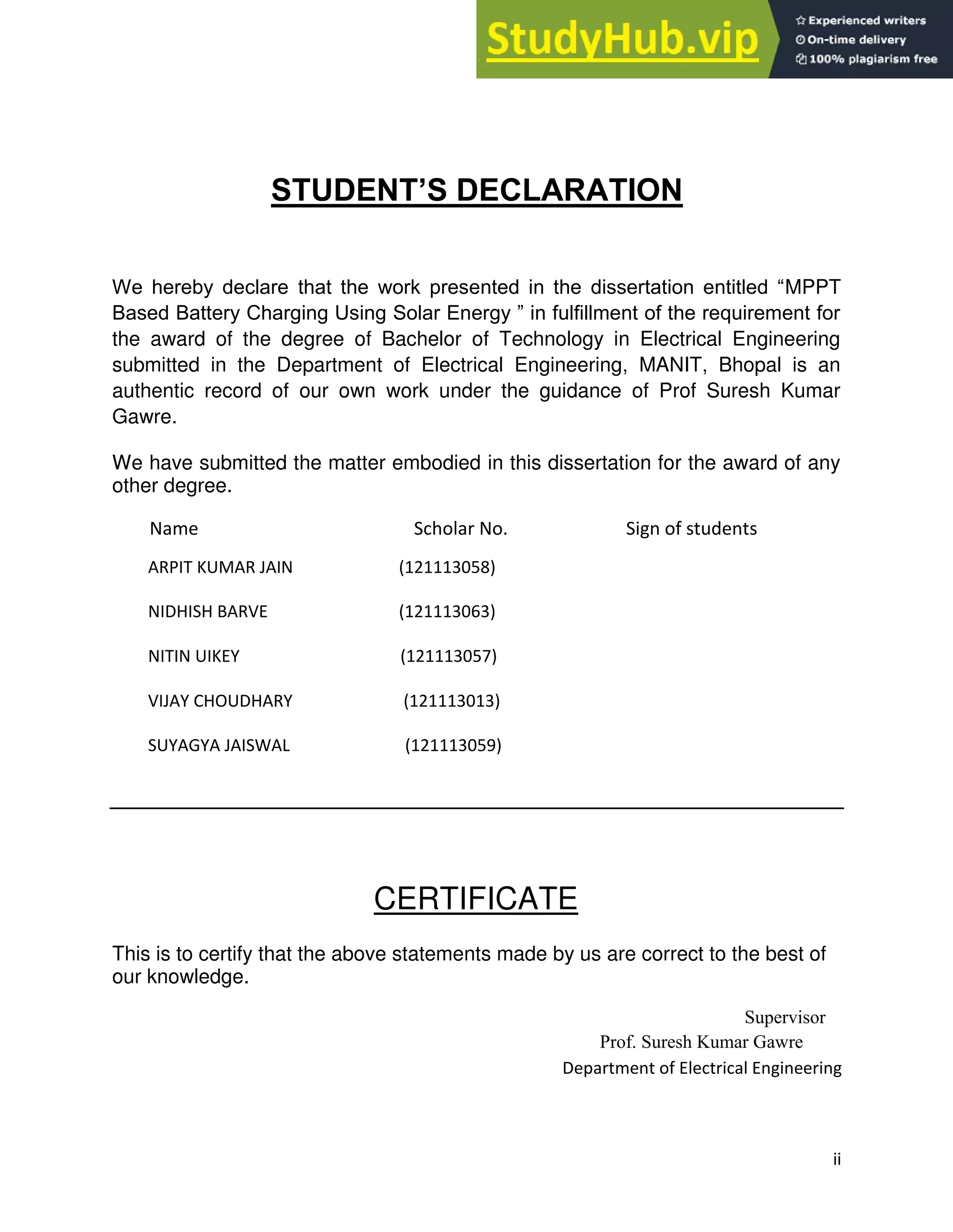 A Major Project Report On MPPT BASED BATTERY CHARGING USING SOLAR ENERGY | PDF
