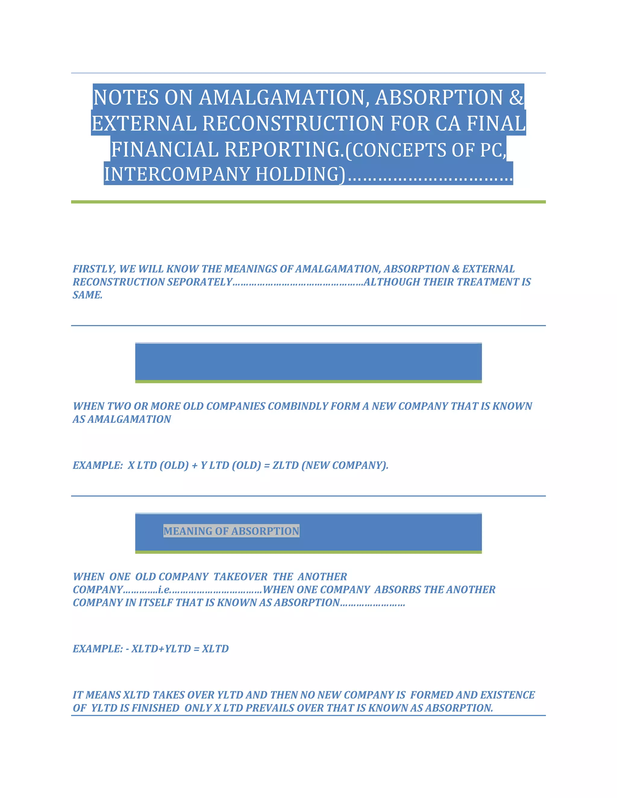 NOTES ON AMALGAMATION, ABSORPTION & EXTERNAL RECONSTRUCTION FOR CA ...