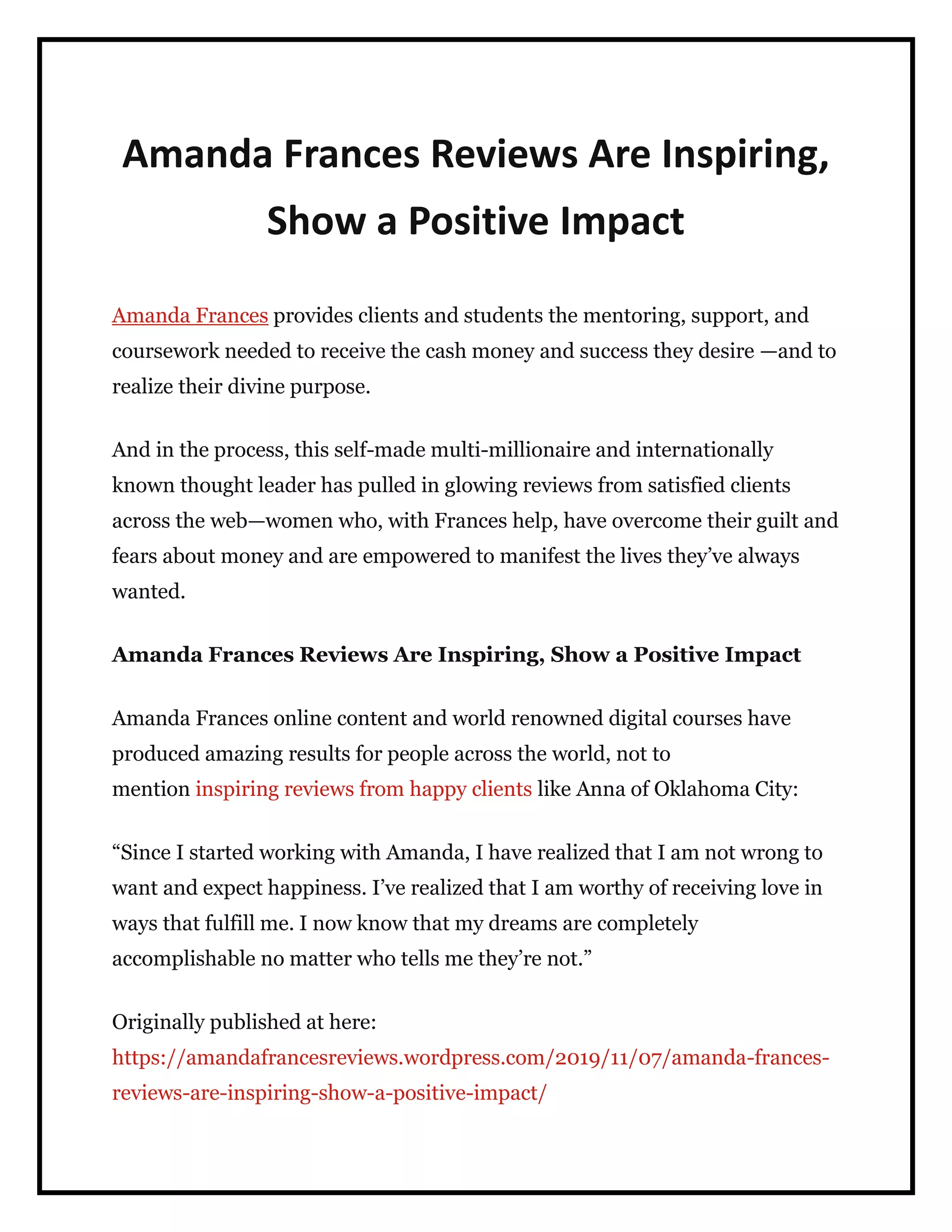 Amanda Frances Reviews Are Inspiring, Show a Positive Impact | PDF