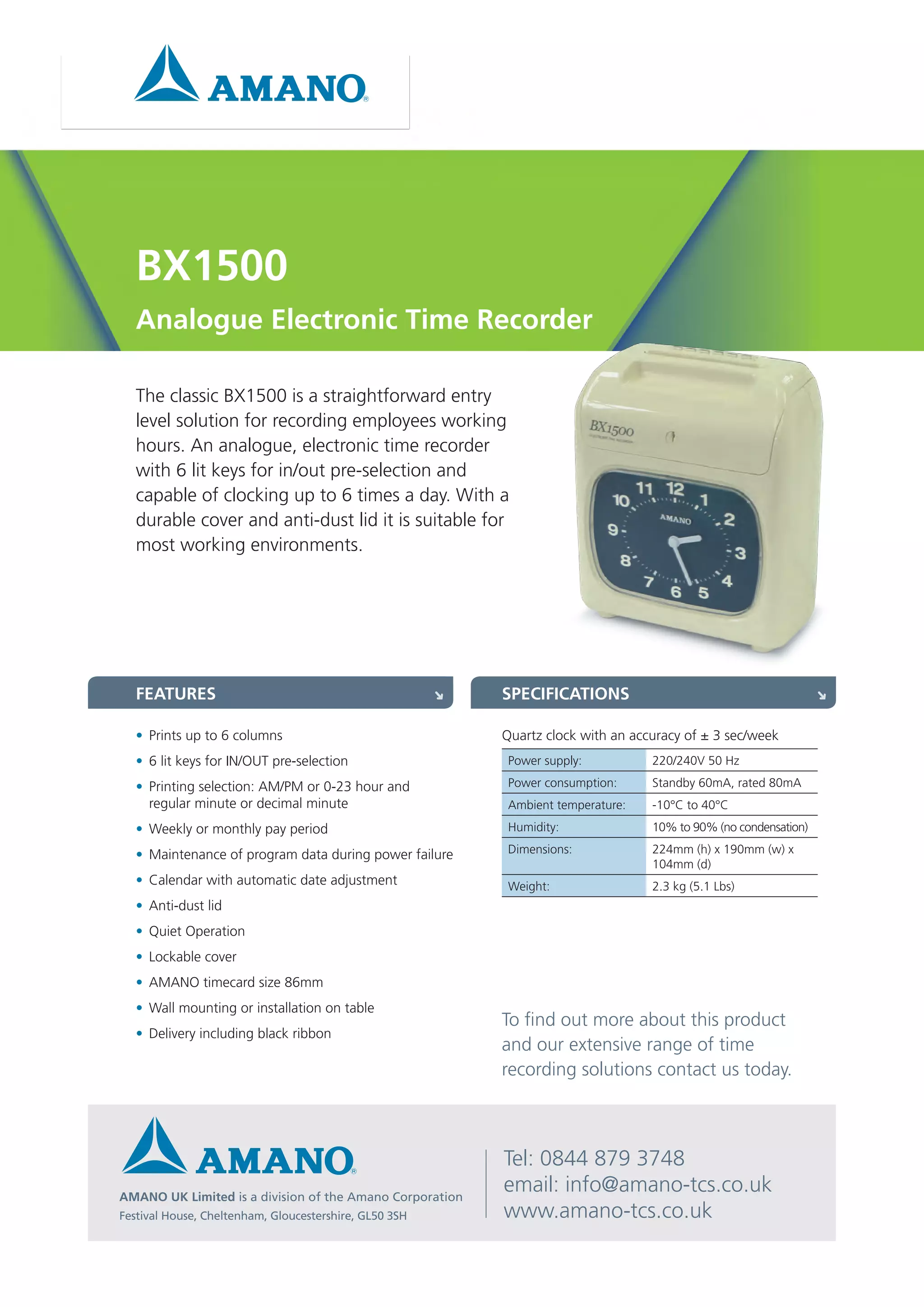 Amano BX1500 Time Recorder | PDF