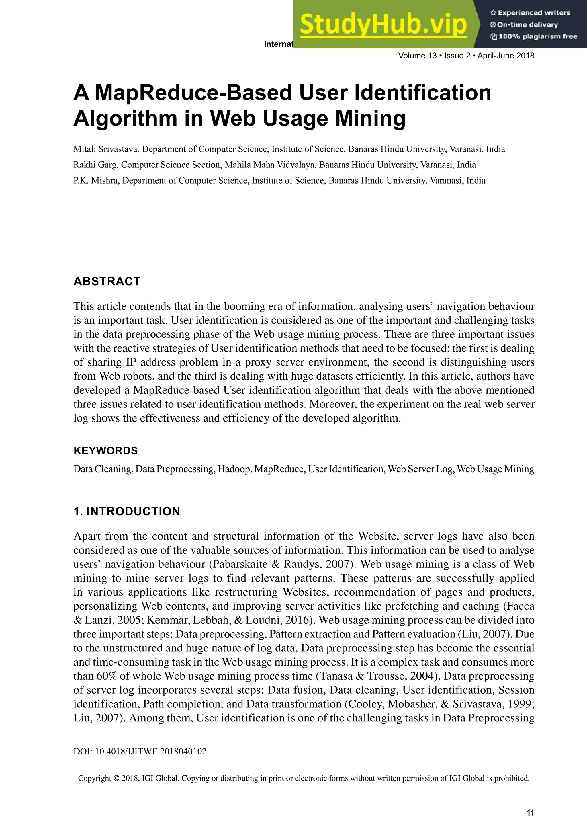A Mapreduce Based User Identification Algorithm In Web Usage Miningpdf