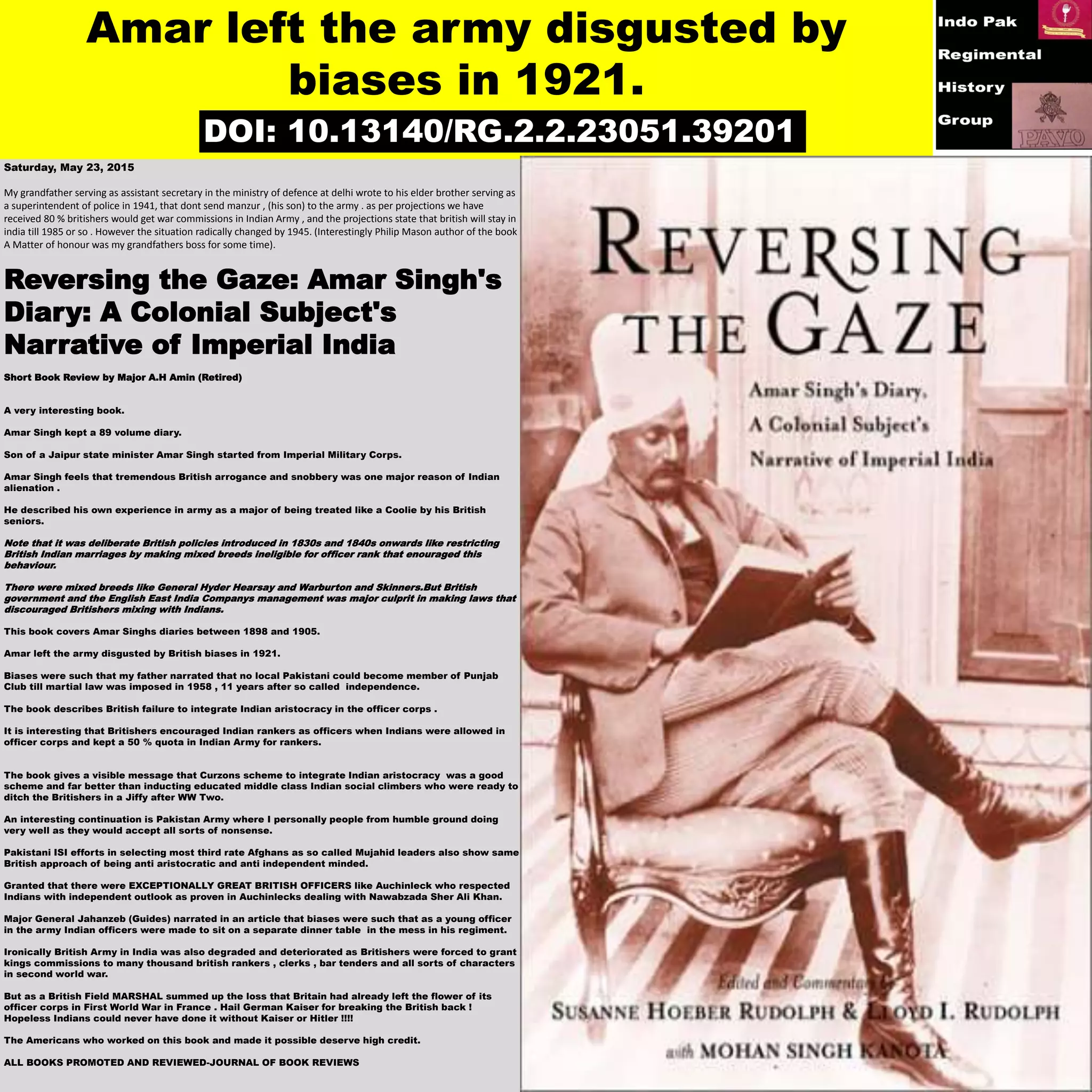Reversing the Gaze: Amar Singh's Diary: A Colonial Subject's Narrative ...