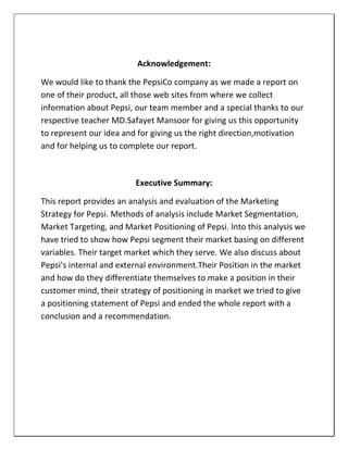 Marketing strategy of pepsi assaignment | DOCX