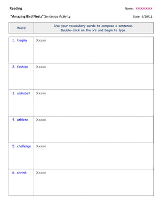Amazing Bird Nests Sentence Activity | DOCX