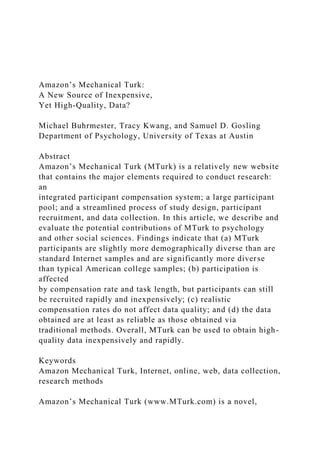 Amazon’s Mechanical TurkA New Source of Inexpensive,Yet H.docx