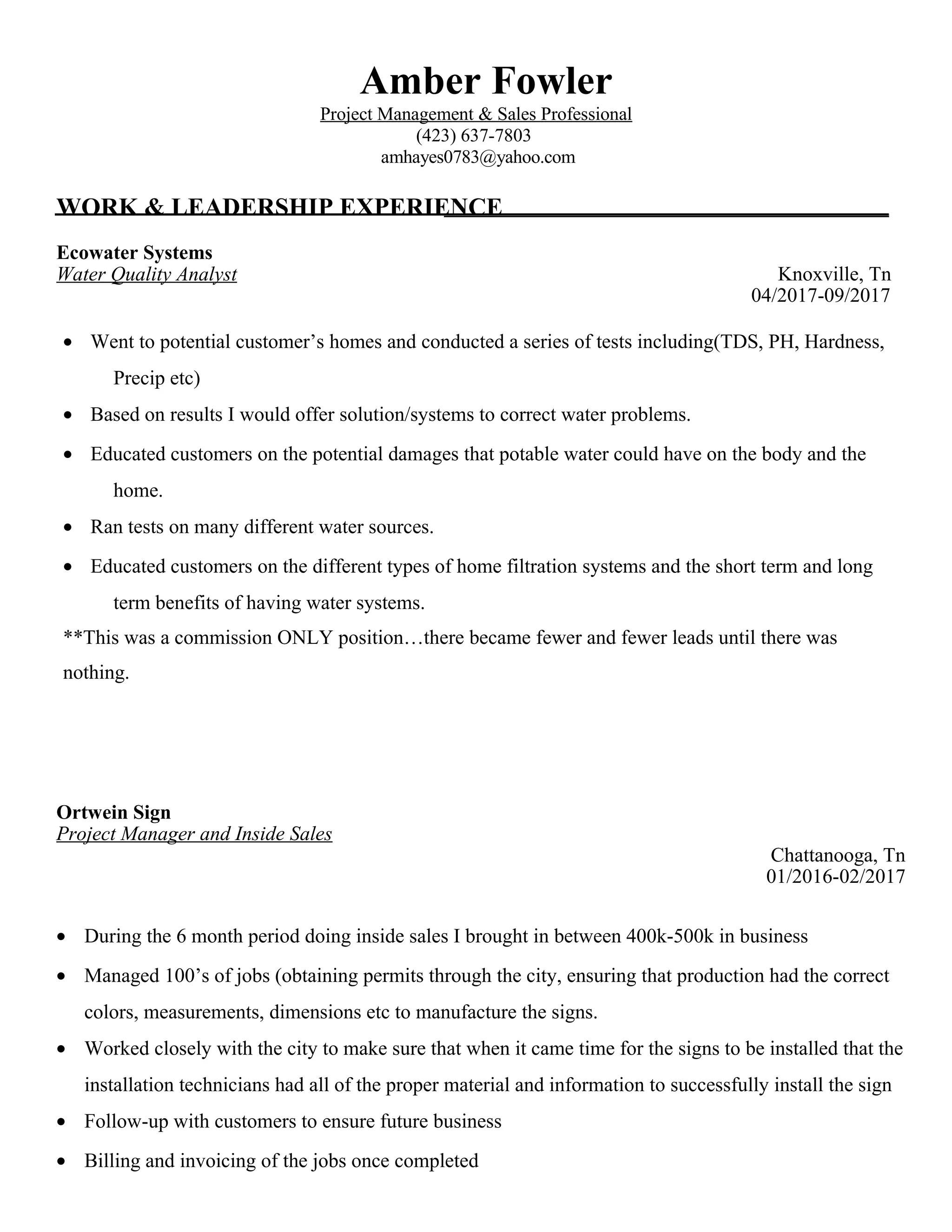 Amber hayes fowler professional resume 2017 | DOC