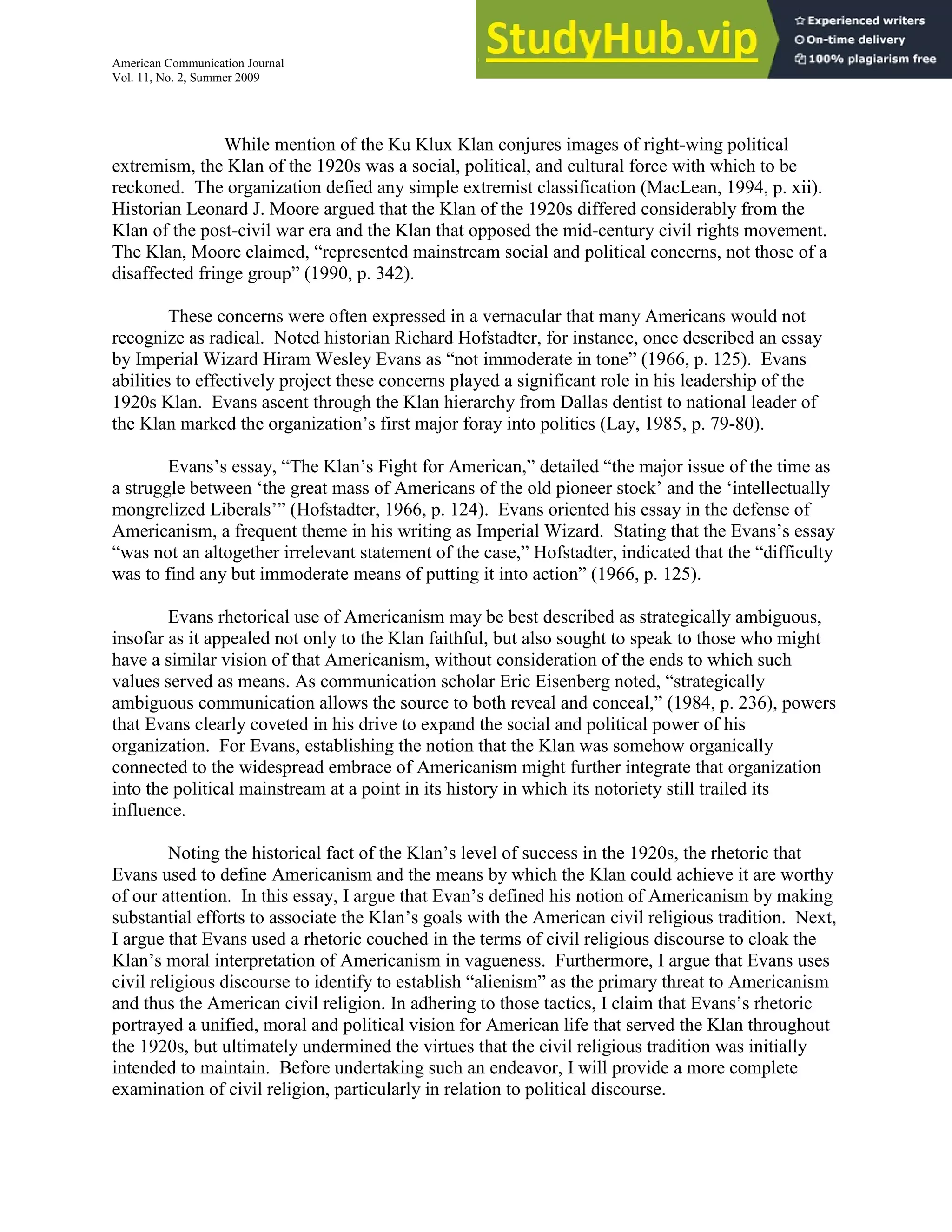 Ambiguously Articulating Americanism The Rhetoric Of Hiram Wesley Evans ...